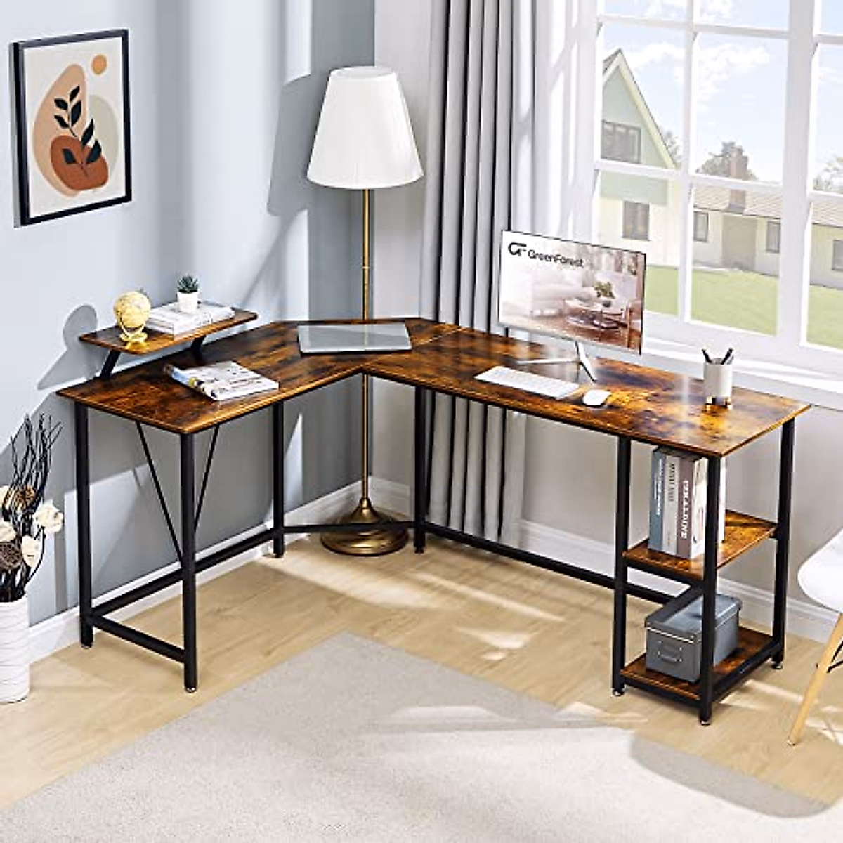 GreenForest L Shaped Computer Desk with Monitor Stand 66 inch Large Corner Computer Desk with Storage Shelves for Home Office Pc Workstation Writing Desk,Brown