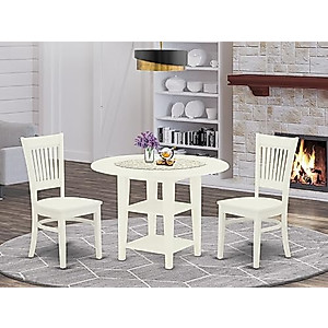 East West Furniture SUVA3-LWH-W 3 Piece Dining Table Set for Small Spaces Contains a Round Dining Room Table with Dropleaf & Shelves and 2 Wood Seat Chairs, 42x42 Inch, Linen White