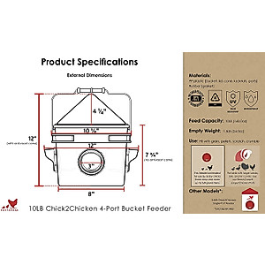 RentACoop Chick2Chicken 10lb BPA-Free 4-Port Feeder - Includes Anti-Roost Cone, Slider Port Cover, and Lid - Suitable for up to 20 Chicks & 12 Adult Chickens
