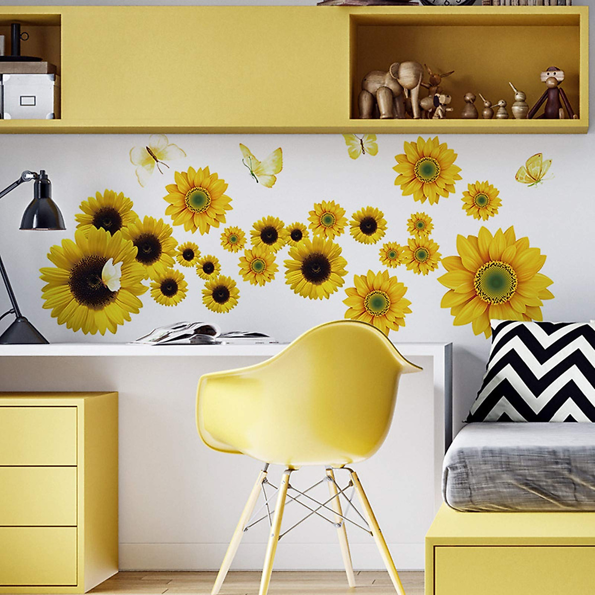 Sunflower Wall Stickers with 3D Butterfly Wall Sticker, Gold 3D Butterfly Metallic Wall Stickers, Removable Yellow Flower Wall Decals Waterproof Sunflower Decor Mural, for Nursery Baby Kids Bedroom