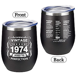 50th Birthday Gifts for Women and Men - 1974 50th Birthday Decorations - 12 Oz Insulated Stainless Steel Wine Tumbler with Lid for Her Wife Mom Grandma Aunt Friend, Black