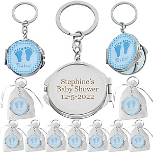 12 PCS Personalized Baby Shower Blue Boy Mirror Keychain Favors with Baby Footprint Design Custom Engraving Gift