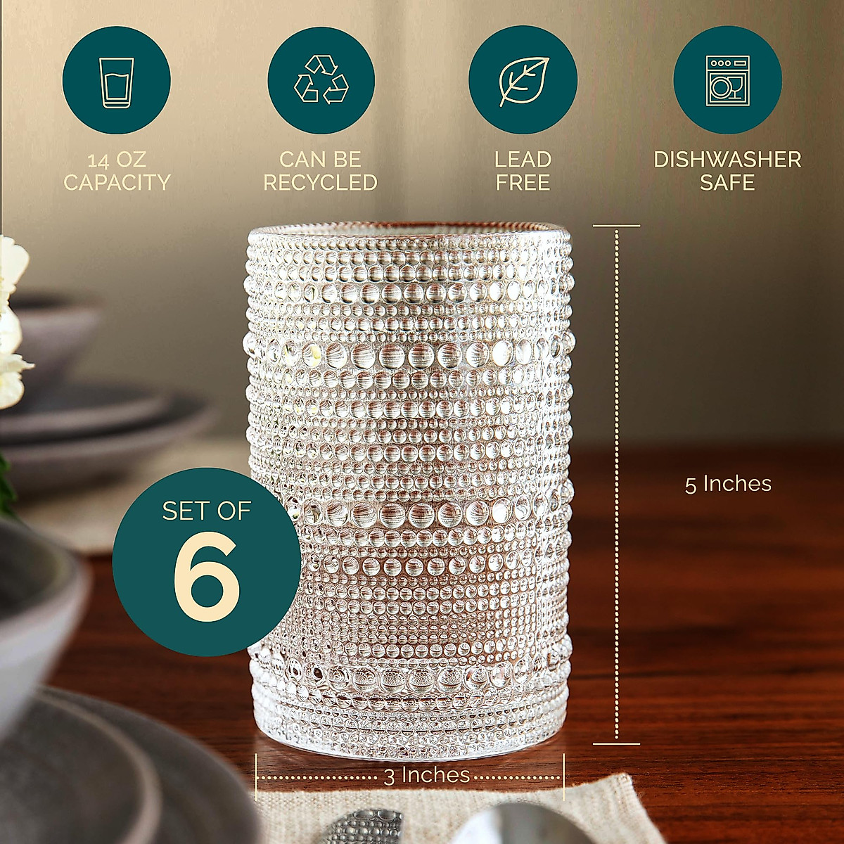 NASONI GLASSWARE 14 oz Hobnail Highball Glasses Set of 6 (Clear) - Embossed Beaded Glass Tumbler Vintage XL Drinkware Double Old Fashioned Cups for Beverages, Cocktails, Margaritas, Juice, Water