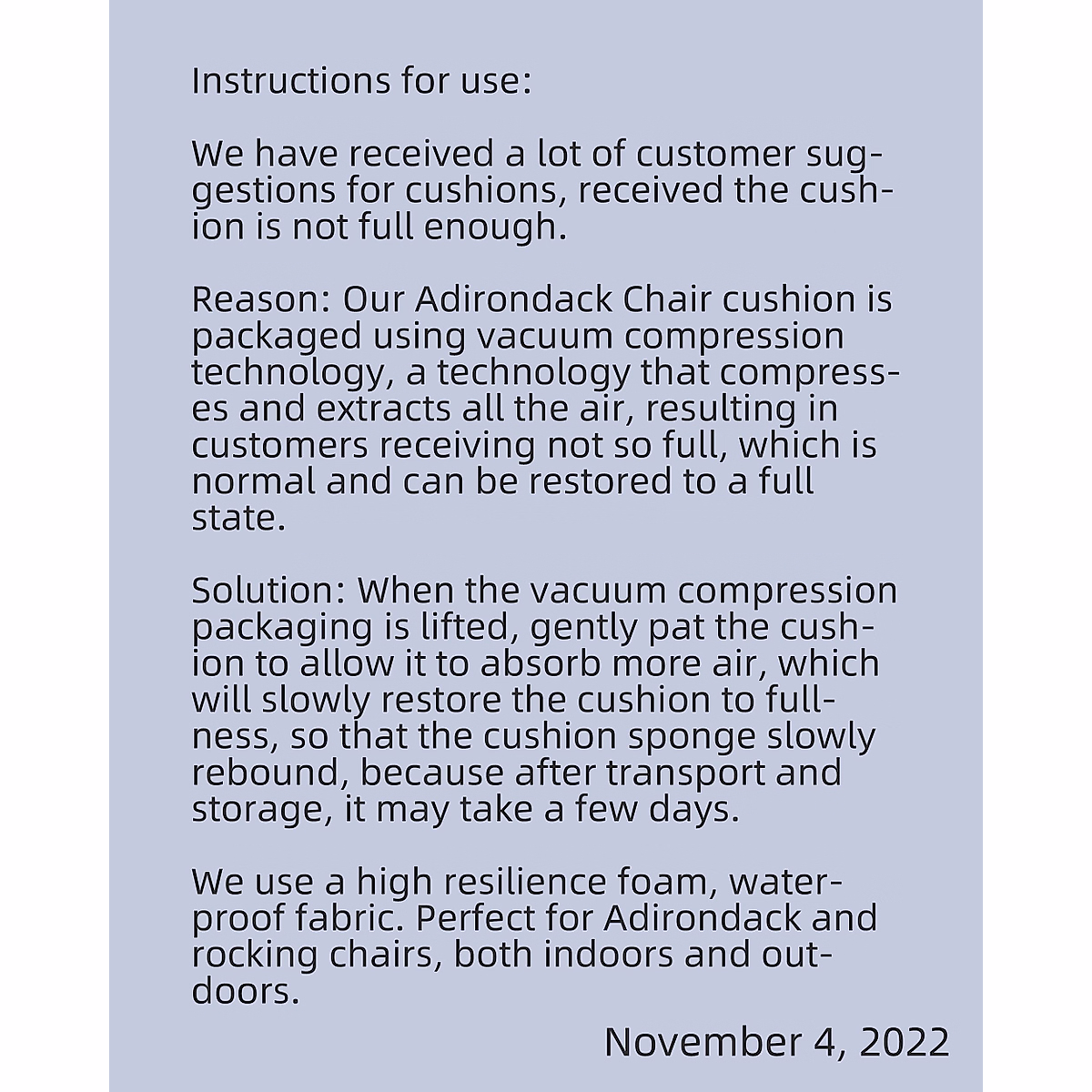 VOQNIS Indoor Outdoor Adirondack Chair Cushion, Patio Rocking Chairs Cushions, Waterproof Sun Protection (Grey)