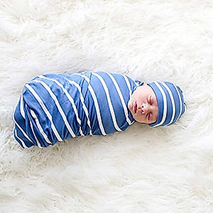 Posh Peanut Baby Swaddle Blanket & Beanie - Matching Newborn Swaddle Set, Doubles As Receiving Blanket or Nursing Cover (Denim Blue Stripe)