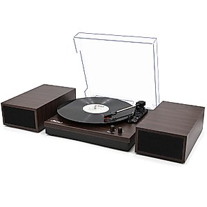 Vinyl Record Player with External Speakers, 3-Speed Belt-Drive Turntable, Vintage Vinyl LP Player with Wireless Input, Auto-Stop Switch, RCA for Music Lover & Home Decoration,Dark Brown Wood