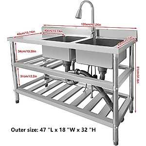 DuyviSteil Commercial Restaurant Sink Stainless Steel Utility Sink Free-standing Kitchen Sink, Freestanding Outdoor Sink with Pull-Out Faucet(Double Bowl)