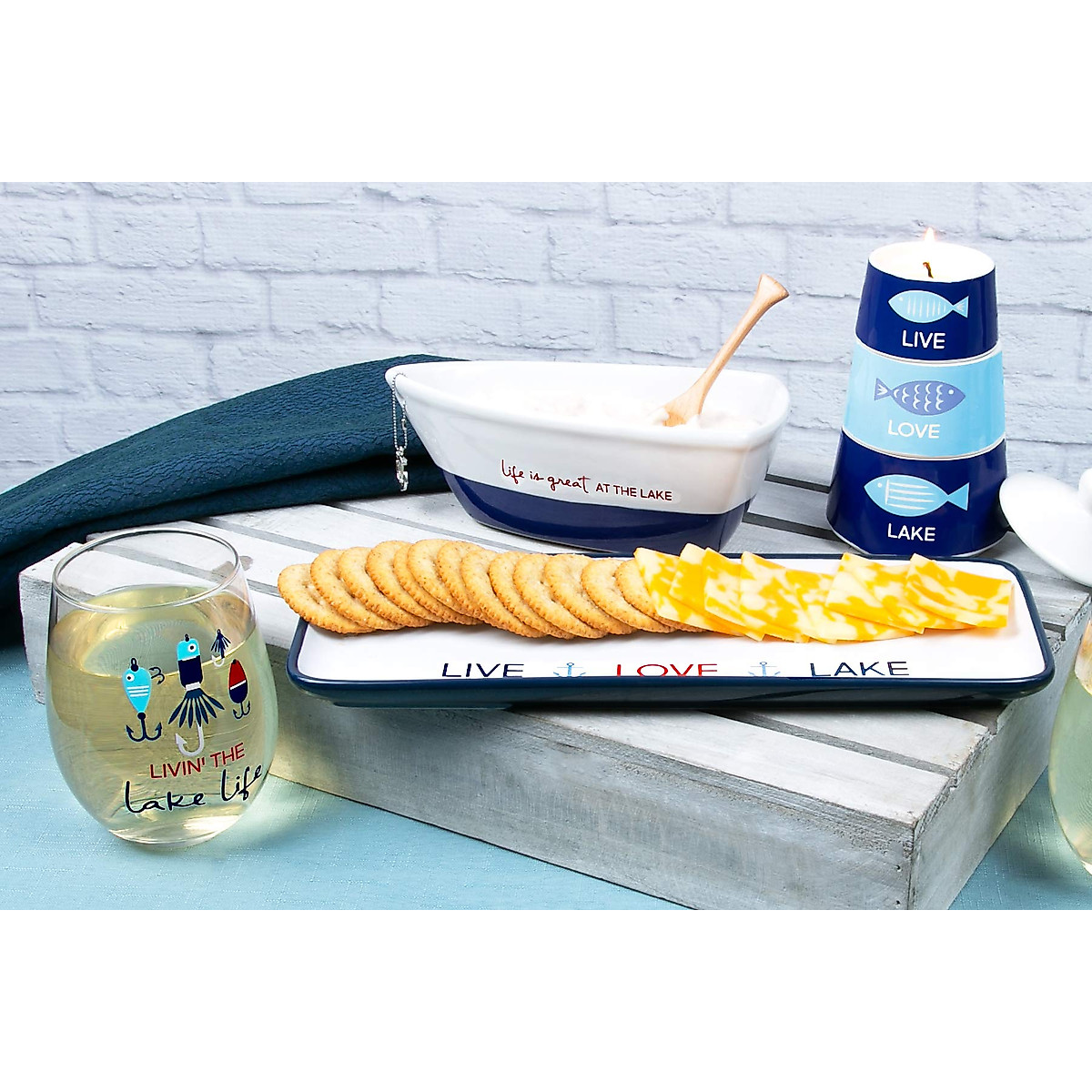 Pavilion - Life Is Great At The Lake - 12 Oz Stoneware Boat Dish Server With Wooden Oar Scoop,Blue