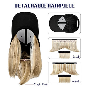 Qlenkay Baseball Cap with Hair Extensions Straight Short Bob Hairstyle Adjustable Removable Wig Hat 14inch for Woman Girl Ash Blonde Mix Bleach Blonde