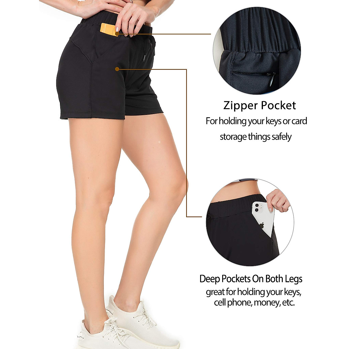 Kcutteyg Running Shorts for Women with 3 Pockets Lightweight Womens Workout Athletic Shorts 2.5" (Black2.5, L)