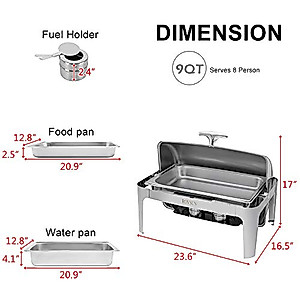 ROVSUN Chafing Dish Buffet Set, 9 Quart Roll Top Stainless Steel Chafer, Rectangular Set with Food Pan, Water Pan and Fuel Holders, for Wedding, Parties, Banquet, Catering Events