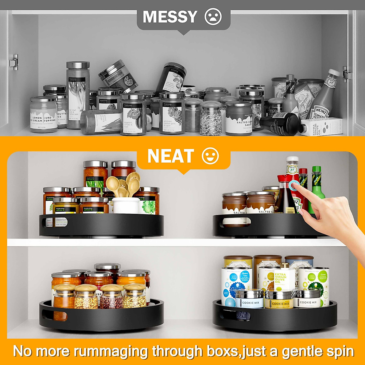 Homerays 12 Inch Lazy Susan Organizer, Kitchen Rotating Spice Rack, Bamboo Lazy Susan with Double Handles for Kitchen Cabinet (Black, Medium)