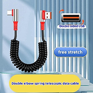 Coiled USB C 90 Degree Cable Double Elbow Charging Cable for Tesl GM Toyota Freightliner Kenworth Pickup Truck Android Auto and Samsung Google ASUS Laptop Game Type C Device