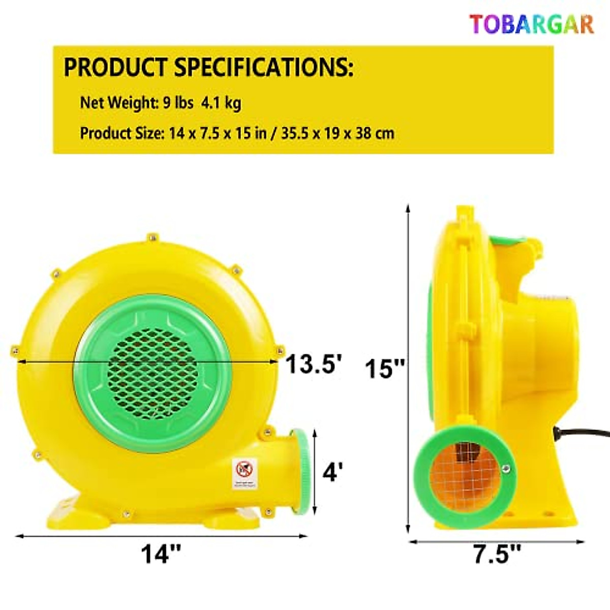 Tobargar Inflatable Blower Bounce House Air Blower for Inflatable Castle and Jump Slides, Portable and Powerful Inflatable Blower Fan Pump