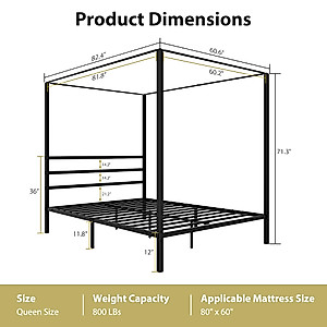 SUPER DEAL Metal Canopy Bed Frame Queen Size Four Poster Bedframe with Built-in Headboard 14 Inch Platform Mattress Foundation Sturdy Slatted Structure No Box Spring Needed Easy Assembly, Black