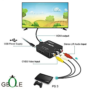 GBOLE RCA to HDMI AV to HDMI Converter 1080P Mini RCA Composite CVBS AV to HDMI Video Audio Converter Adapter Supporting PAL NTSC with USB Charge Cable for PC Laptop Xbox PS4 PS3 VHS VCR DVD TV STB