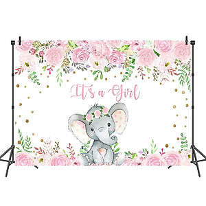 Mocsicka Elephant Baby Shower Backdrop Girl Pink Floral Little Elephant Baby Shower Background 7x5ft Blush Pink and Gold Sprinkle Elephant Baby Shower Backdrop Decorations for Girls