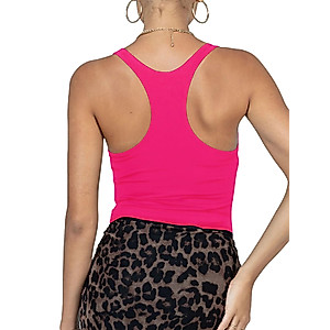 REORIA Women's Summer Sexy Casual V Neck Racer Back Double Lined Seamless Sleeveless Slimming One Piece Leotards Going Out Trendy Tank Top Thong Bodysuits Neon Rose Red Medium