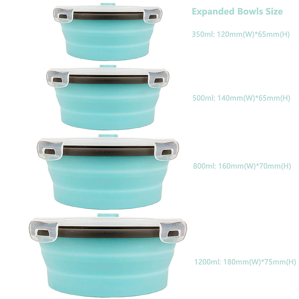 CARTINTS Blue Collapsible Bowls Silicone Food Storage Containers Silicone Camping Bowls with Airtight Lids, Microwave and Freezer Safe, Set of 4