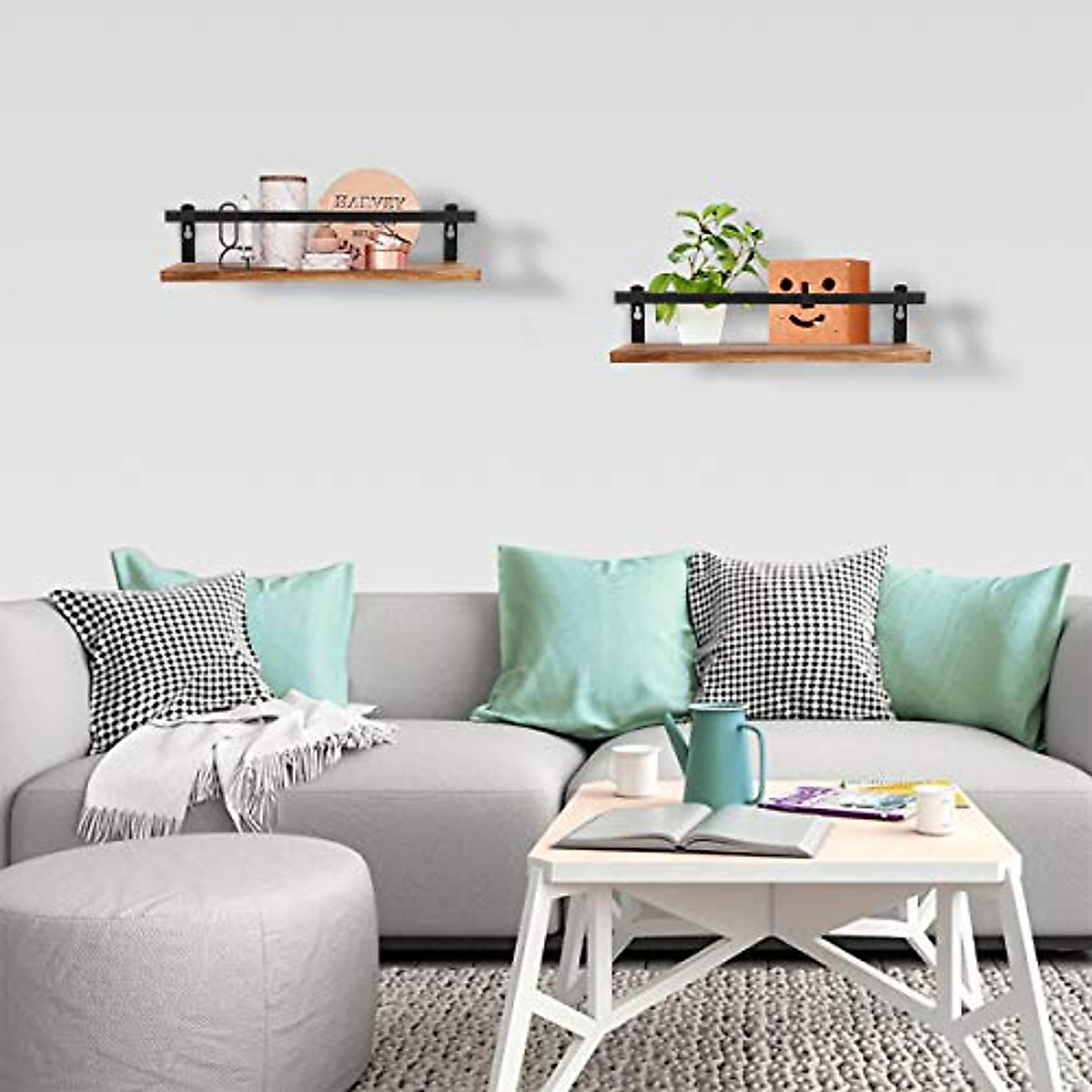 PHUNAYA Floating Shelves,Wall Mounted Shelf for Kitchen,Living Room,Bedroom,Bathroom Storage,Rustic Wood,Set of 2