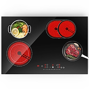 Electric Cooktop 30 Inch, 7200W Electric Stove Top with 4 Burners 220-240v, ANHANE Electric Ceramic Cooktop, 9 Heating Levels, Timer & Kid Safety Lock, Suitable for all Cookware, Without Plug
