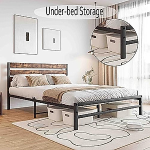 RIDFY Queen Bed Frame with Rustic Vintage Wood Headboard, Platform Bed Frame, Mattress Foundation, Strong Metal Slats Support,No Box Spring Needed,Easy Assembly,Noise-Free, Country Style, Brown