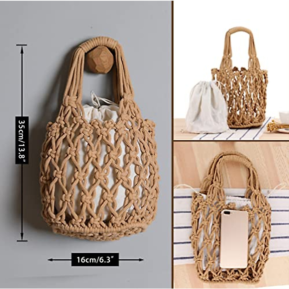 JBRUN Women's Bucket Drawstring Handbag Fishing Net Shoulder Bag Straw Weave Handbag Summer Beach Bags Hobo Bag (A-Brown)