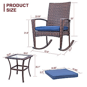 3 Piece Wicker Patio Furniture Sets, Outdoor Wicker Rocking Chairs Patio Bistro Set, Rattan Chairs Patio Furniture Set for Porch Lawn Poolside Backyard with Glass Coffee Table, Brown and Navy