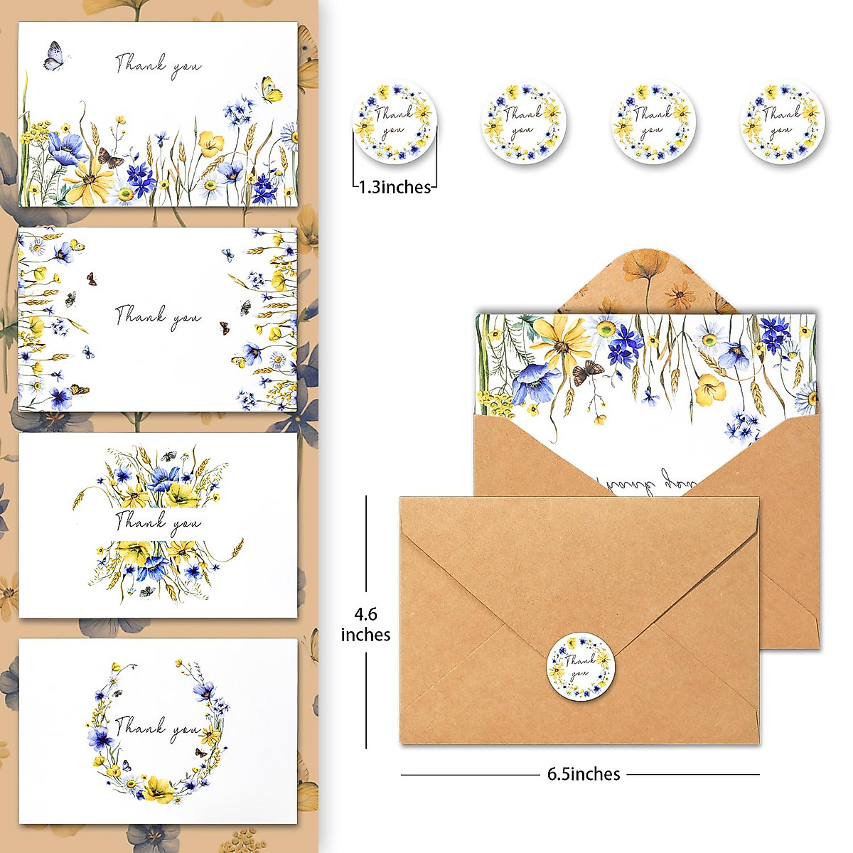 24 Pack Thank You Cards With Envelopes(4 Assorted),Wildflower Greeting Cards for Birthday Wedding Baby Shower Bridal Shower Small Business Party Supplies,Better Decorate Your Thank You Gifts
