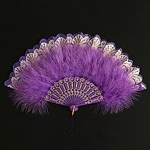 Feather Folding Fan,Vintage Elegant Gothic Court Dance Hand Fan with Pendant Dance Performance Feather Fan for Wedding Party Decoration(Purple)