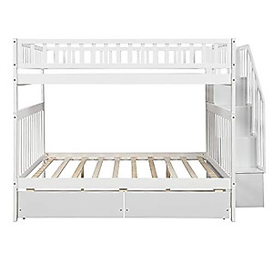 Full Over Full Bunk Beds, Solid Wood Full Bunk Beds with Two Drawers, Inner Bookcase and Stairway for Kids and Teenages, White
