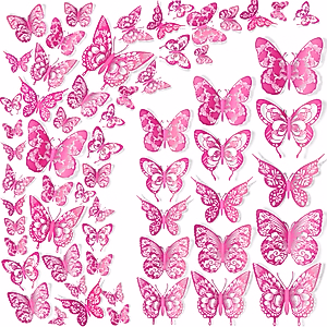 60 Pieces New Vintage Pattern Hollow Butterflys Wall Decals 3D Deep Pink Butterflies Wall Sticker DIY Removable 5 Styles 3 Sizes Metallic Art Decor for Kids Girls Bedroom Living Room Birthday Cake