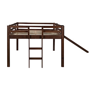Full Size Loft Bed with Slide, Kids Low Loft Bed Frame with Chalkboard for Boys & Girls, Wood Full Slide Loft Bed with Under-Bed Space Storage (Walnut, Full)