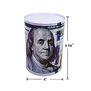 $100 Dollar Bill Piggy Bank 5 7/8" Tall Coin Saving Money Currency Benjamin Franklin Tin Can Banknote Jar (1 Pack, 5 7/8" X 4")