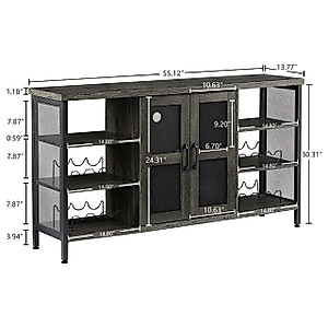 Tiophome Industrial Bar, Liquor Storage Credenza, Farmhouse Wood Coffee Cabinets with Wine Racks & Stemware Holder, Metal Sideboard and Buffet (55.12''W, Dark Grey)