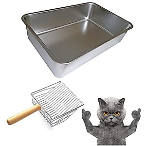 KUNWU Stainless Steel Food Grade 20" x 14" x 6" Extra Large Cat Litter Box with Silver Scoop Set