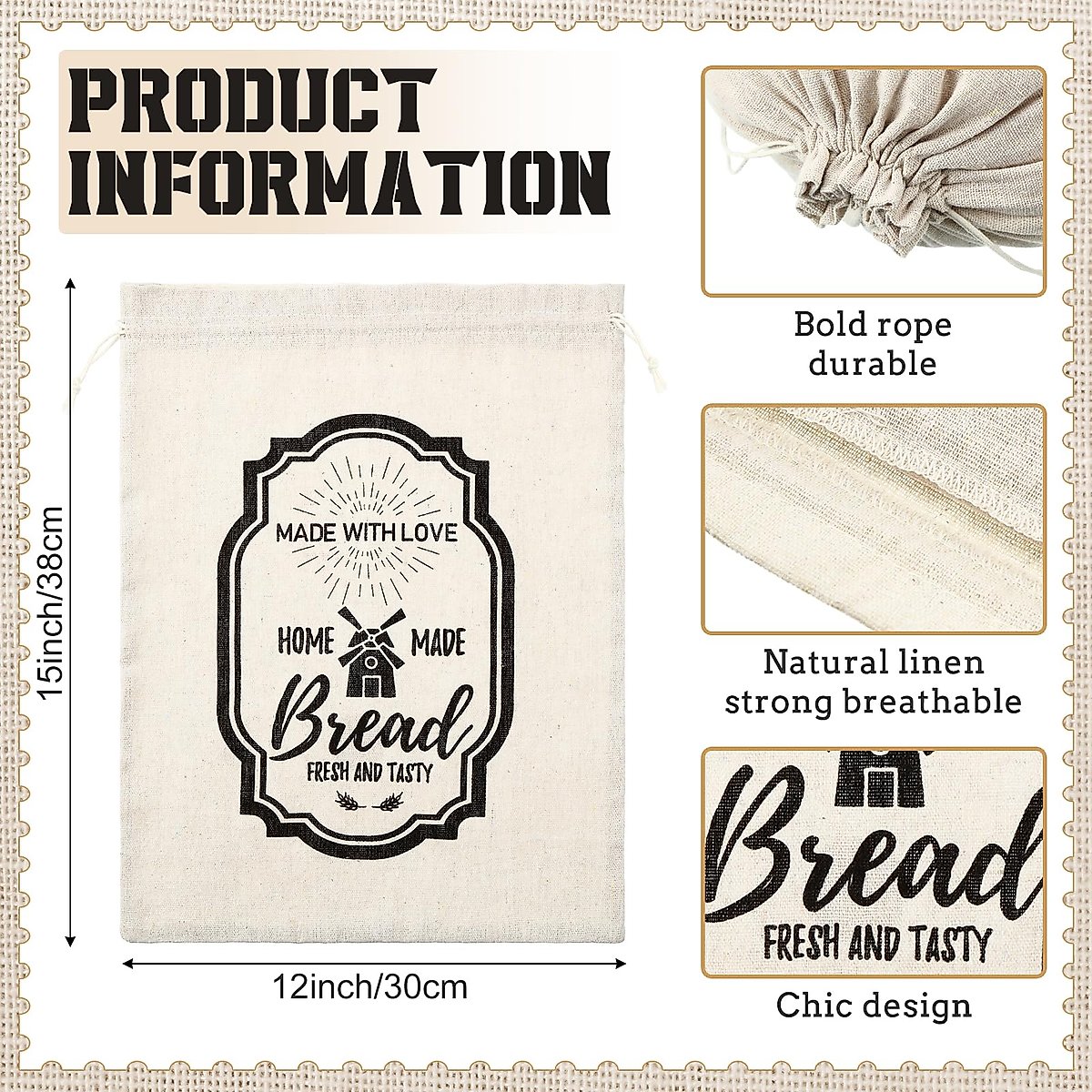 Vesici 8 Pcs Large Linen Bread Bag for Homemade Bread Reusable Bread Container and Saver Drawstring Bread Storage Bags Unbleached Bread Storage Container Keeper for Bakery 12" x 15" (Stylish Style)