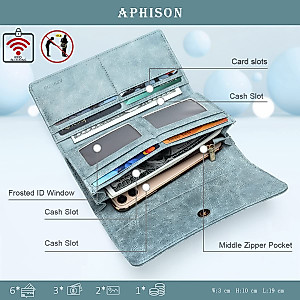 APHISON Womens Wallets RFID Blocking PU Leather Clutch Long Wallet for Women Card Holder Phone Organizer Ladies Travel Purse Hollow Out Sunflower Design Gift Box 2214BLUE