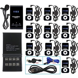 EXMAX® EX-100 Wireless Tour Guide System Microphone Earphone Assisted Listening for Church Translation Private Silent Conference Travel City Tour (1 Transmitter 10 Receivers 16-port USB Charging Base)
