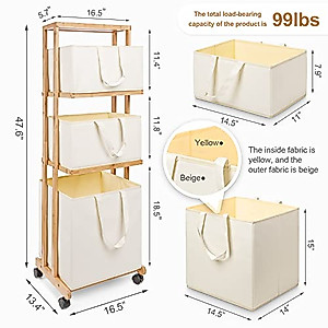 Homde Laundry Basket 3 Tier Bamboo Storage Shelf with Wheels Removable Storage Basket with Handle Freestanding Clothes Hamper Organizer for Bathroom Living Room Bedroom