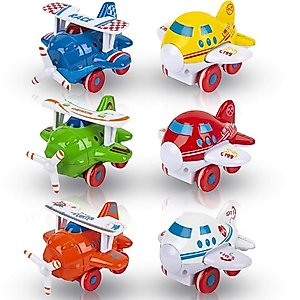 ArtCreativity Chunky Friction Airplane Toys for Kids, Set of 6, Push n Go Plane Toys with Moving Propellers and Wings, Aviation Party Favors for Boys & Girls, Pretend Play Gifts, Assorted Designs