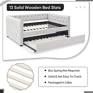 Antetek Daybed with Trundle, Modern Upholstered Full Size Button-Tufted Sofa Bed Frame with A Roll-Out Trundle, No Box Spring Needed, Furniture for Bedroom Living Room Guest Room (Beige, Full)