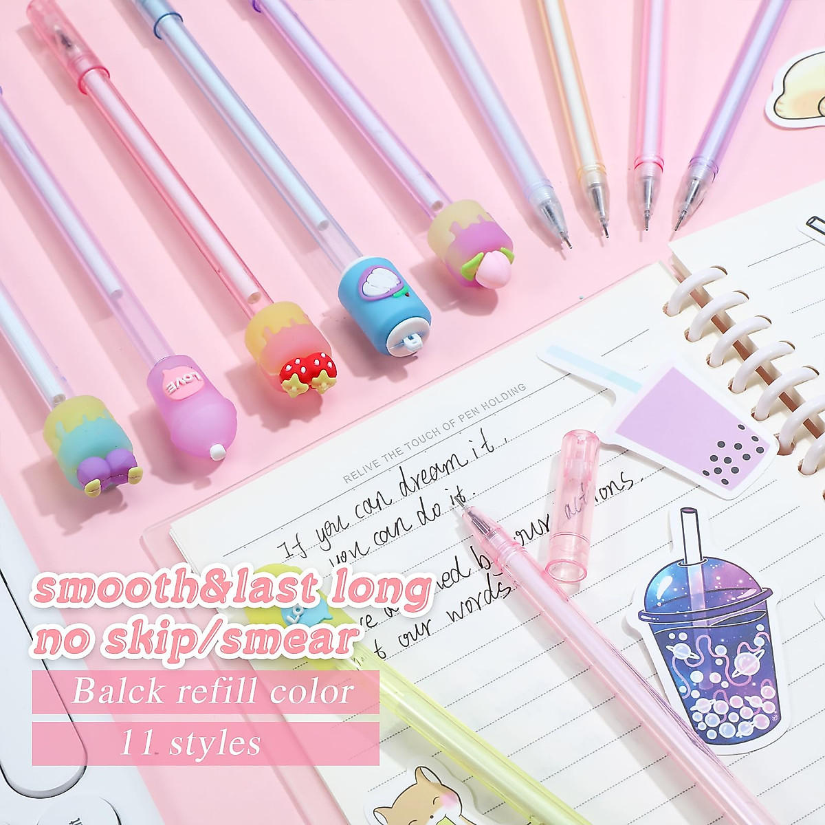 228 Pcs Kawaii Stationary Set Include Telescopic Boba Pencil Pouch Case Bag Gel Ink Pen Sticky Note Bubble Tea Sticker Pill Highlighter Stationary Cute School Supplies for Christmas Gift Kids (Vivid)