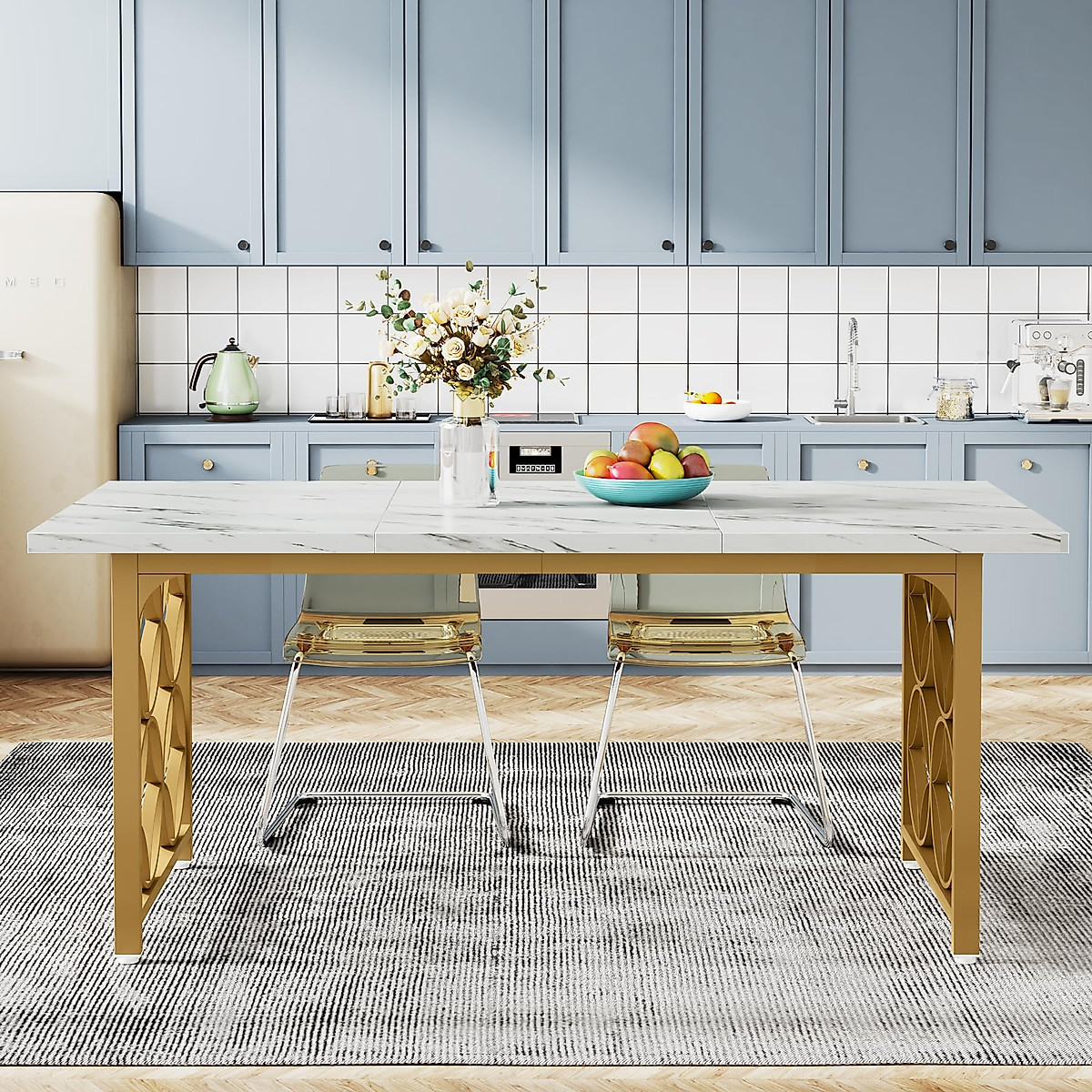 Tribesigns Dining Table, 63-inch Modern Marble Dining Room Table for 6 People, Rectangular Kitchen Table with Gold Metal Frame for Kitchen, Dining Room (White and Gold)