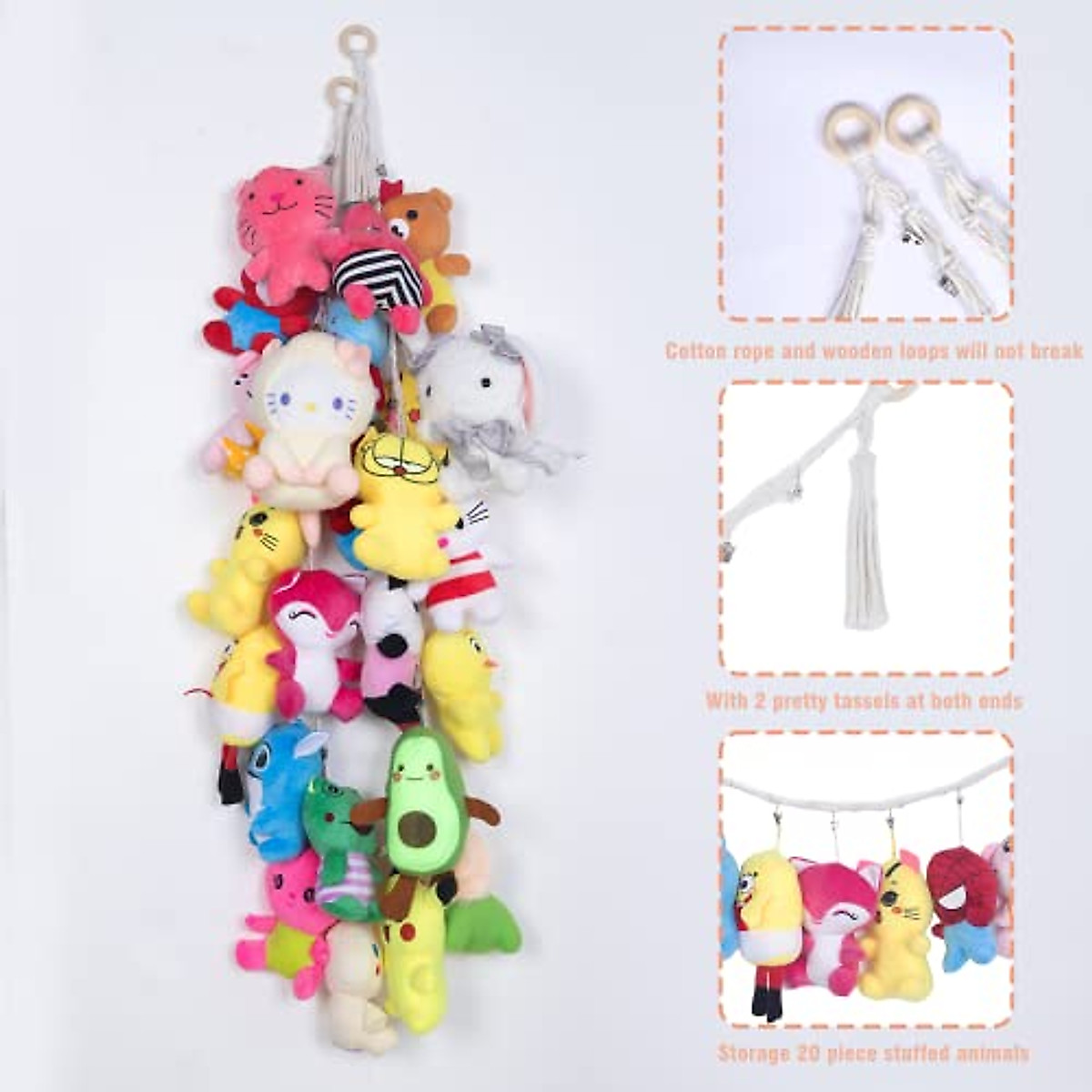 Stuffed Animals Storage Chain Organizers, LONCHDAN 80" Cotton Hanging Storage Chain with 20 Metal Clips Stuffed Animal Display Holder Chain for Wall or Corner Nursery Play Room