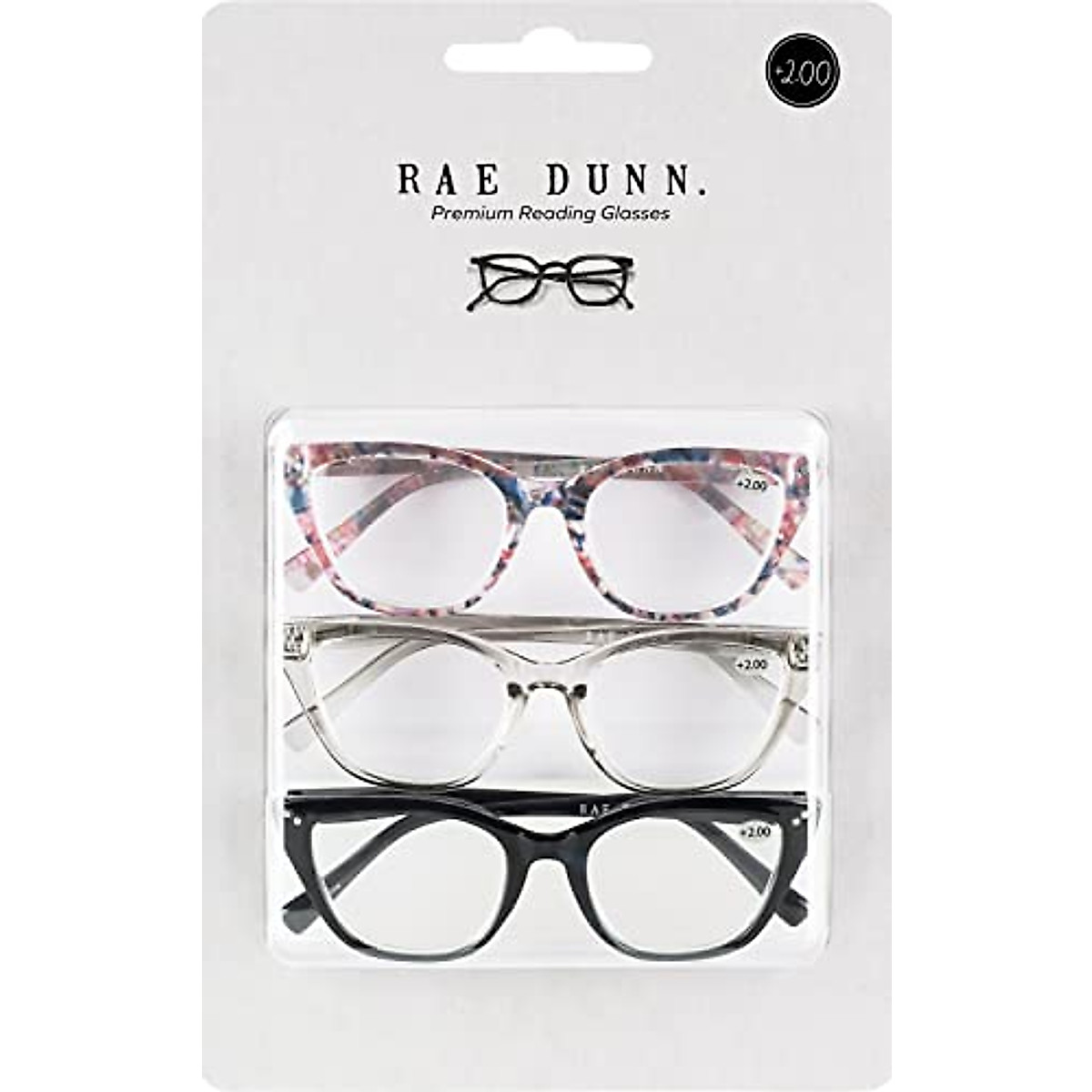 Rae Dunn "BELLA Premium Reading Glasses - 3 Pack w/SEE Signature Font (Pearl Multi/Crystal Cool Grey/Glossy Jet Black, 2.0)