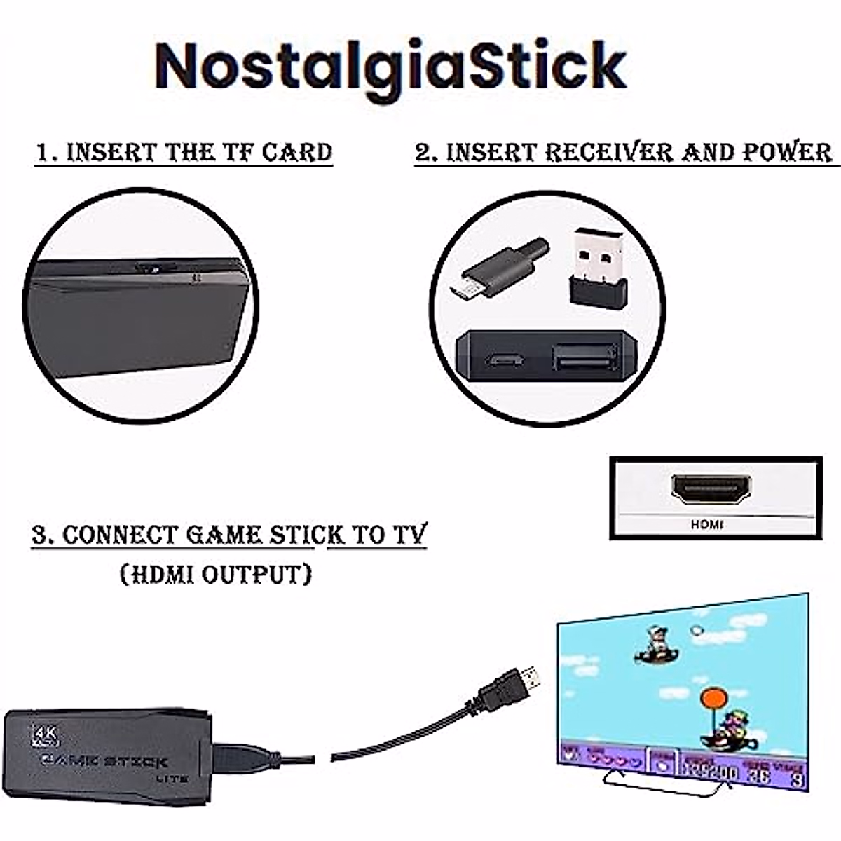Nostalgia Stick Game, Nostalgiastick Wireless Retro Game Console Built In 20000+ Games, Plug & Play Nostalgia Stick 4K HDMI Output For Tv With Dual 2.4G Wireless Controllers, 32g/64g/128g Version 6.9