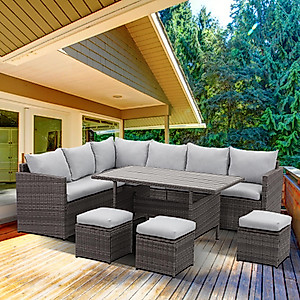 Solaste 7 Piece Patio Furniture Set, All Weather Wicker Patio Conversation Sets with Cushion Seat & Pillows, Outdoor Dining Set, Patio Furniture Outdoor Sectional, Grey