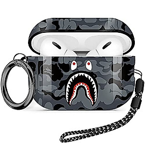 Fashion Pattern AirPods Pro 2nd Generation Case 2022,for Men Women Shark Tooth Camo Softshell Full Body Shockproof Protective Cover for New AirPod Pro 2 with Keychain/Hand Strap (Black Shark)