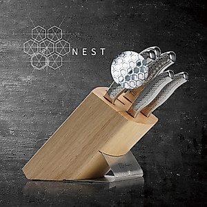 Hanmaster Kitchen Knife Set, One-piece Stainless Steel Knife Sets for Kitchen with Block, 6 Pieces Solid Natural Wood Knife Block Set, Box Packed, Silver.